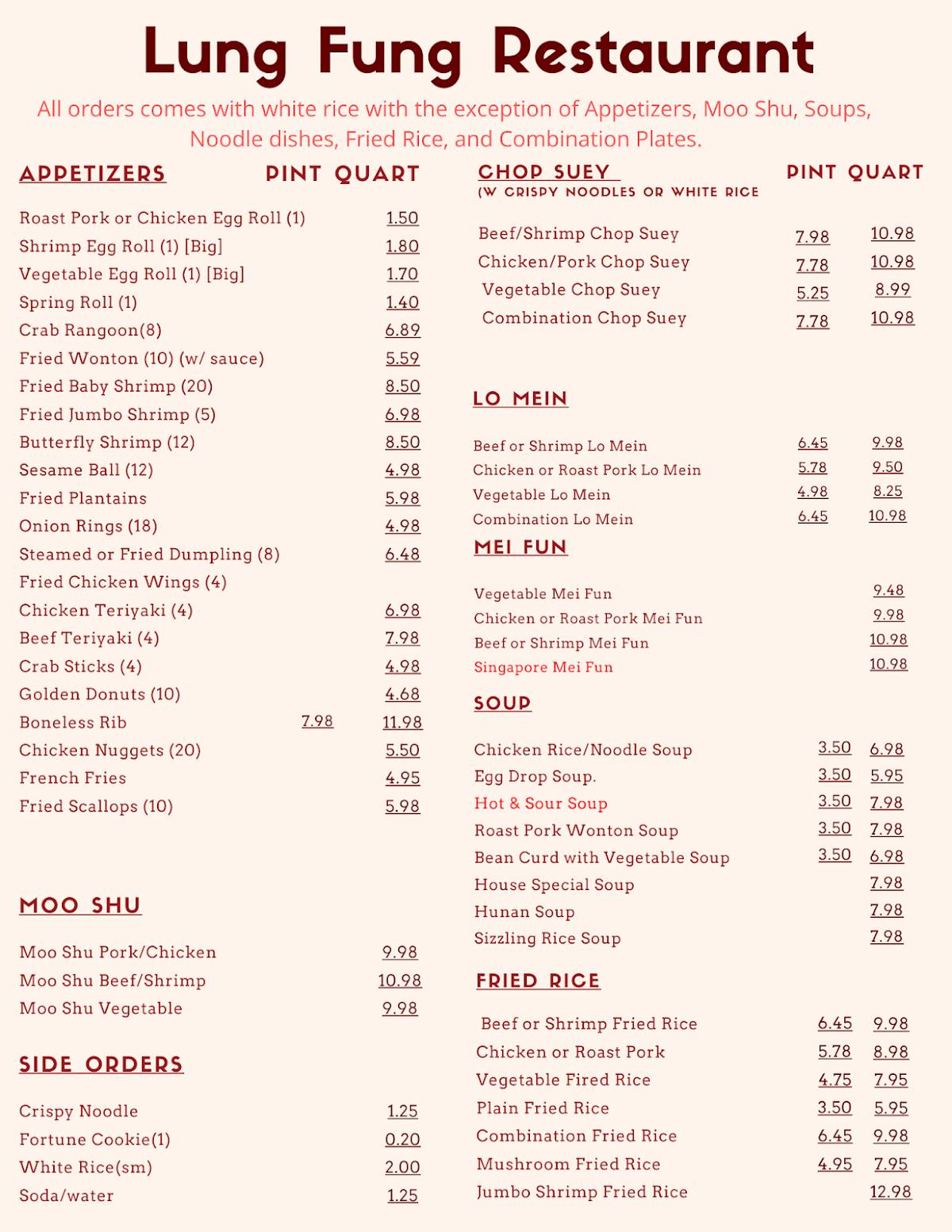 Menu at Lung Fung Restaurant, Zion