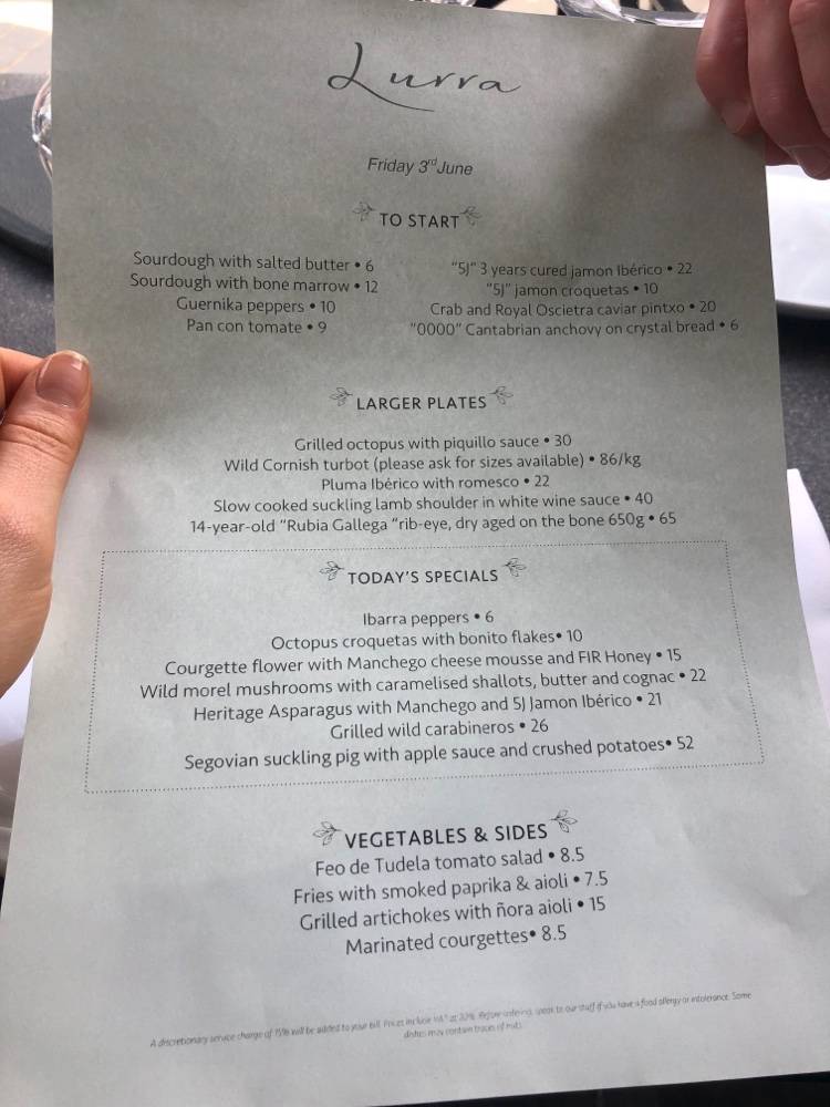 Menu at Lurra restaurant, London