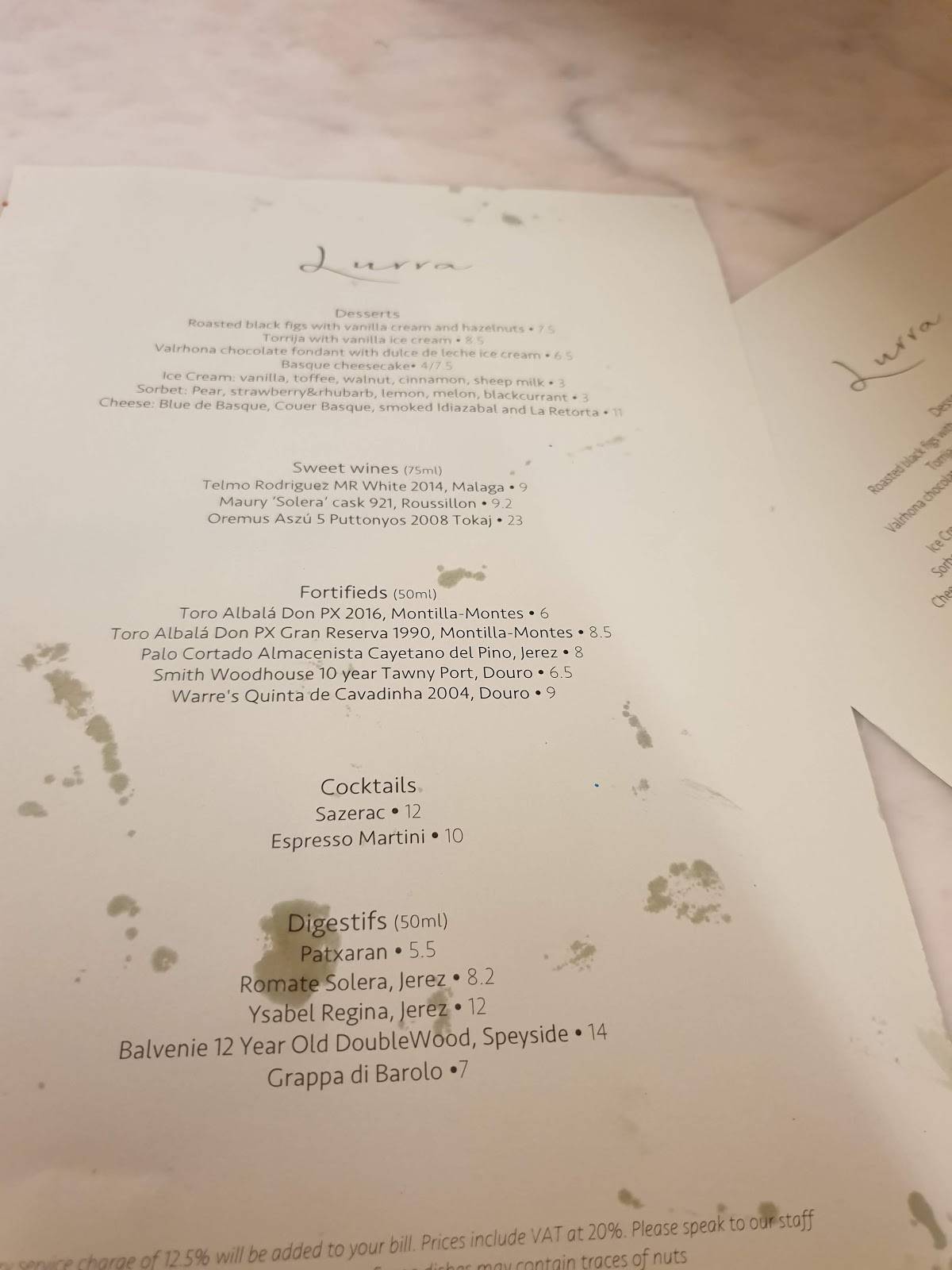 Menu at Lurra restaurant, London