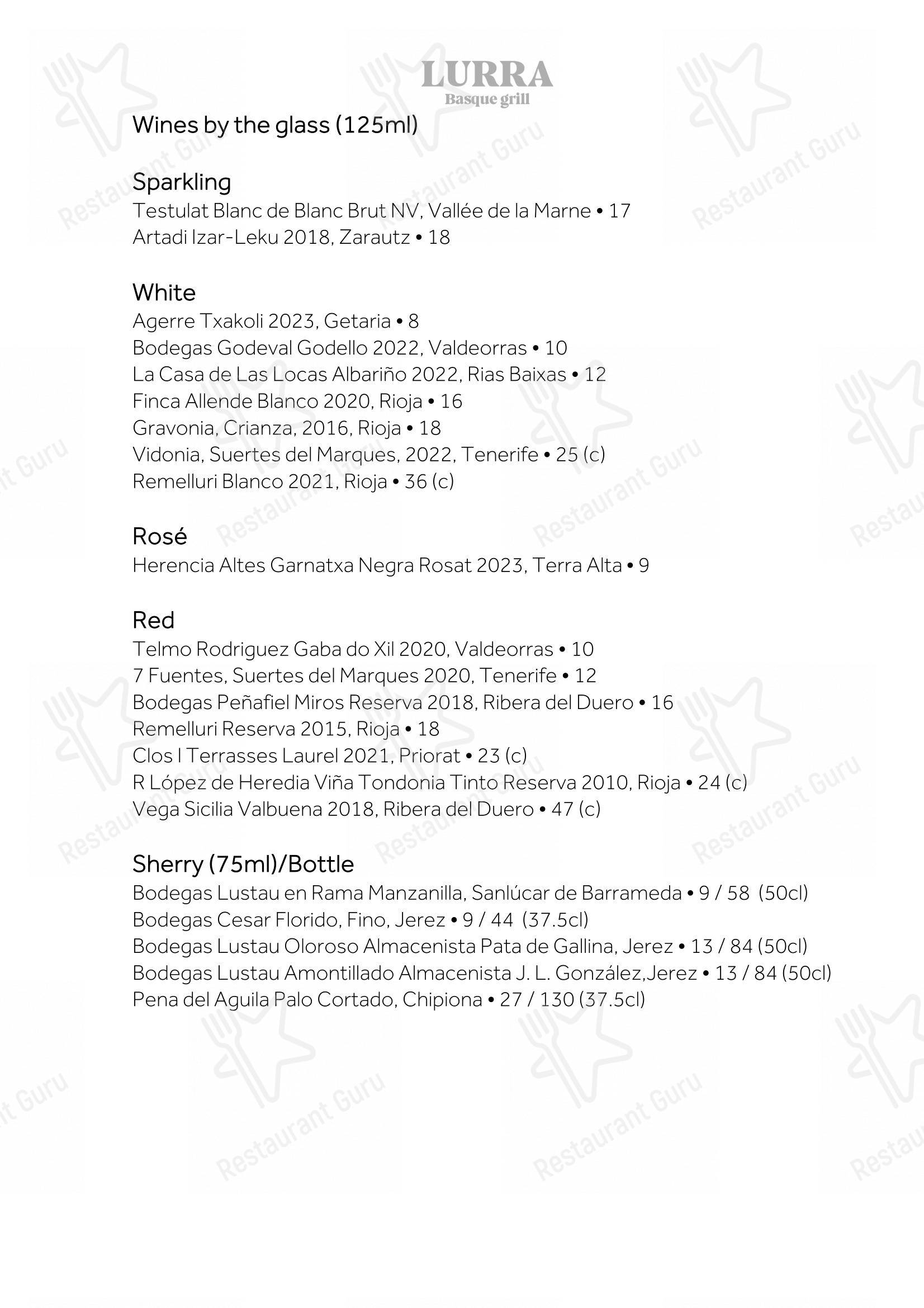 Menu at Lurra restaurant, London