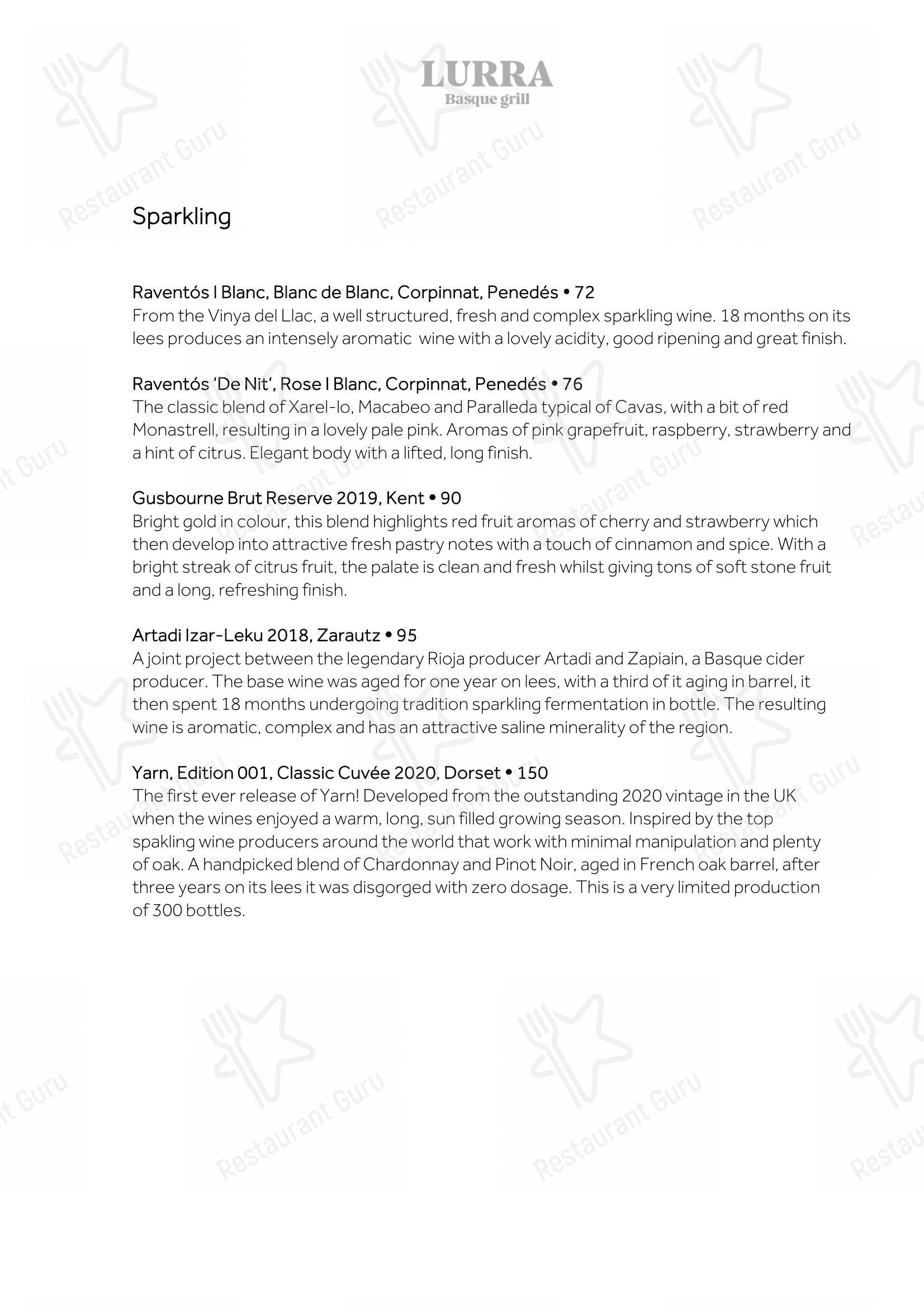 Menu at Lurra restaurant, London
