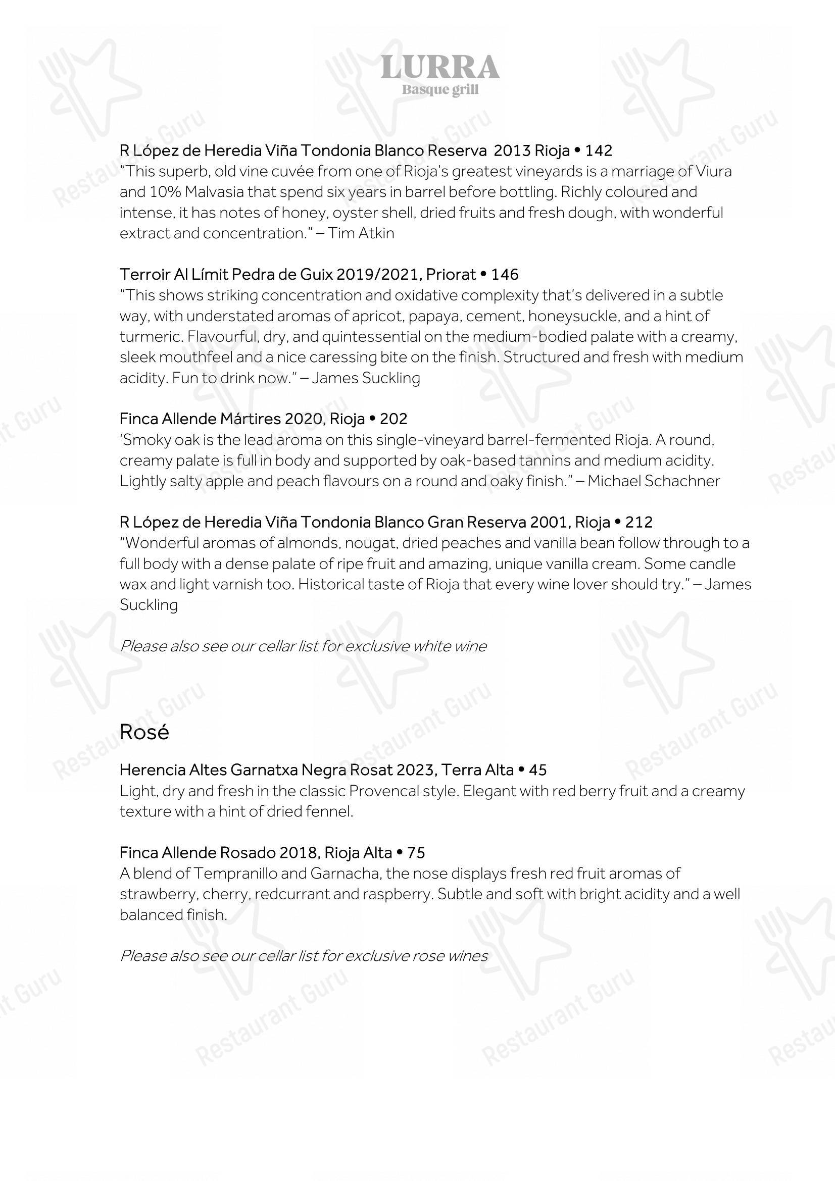 Menu at Lurra restaurant, London