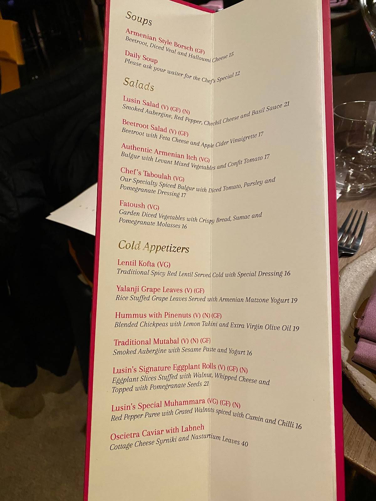 Menu at Lusin Mayfair restaurant, London