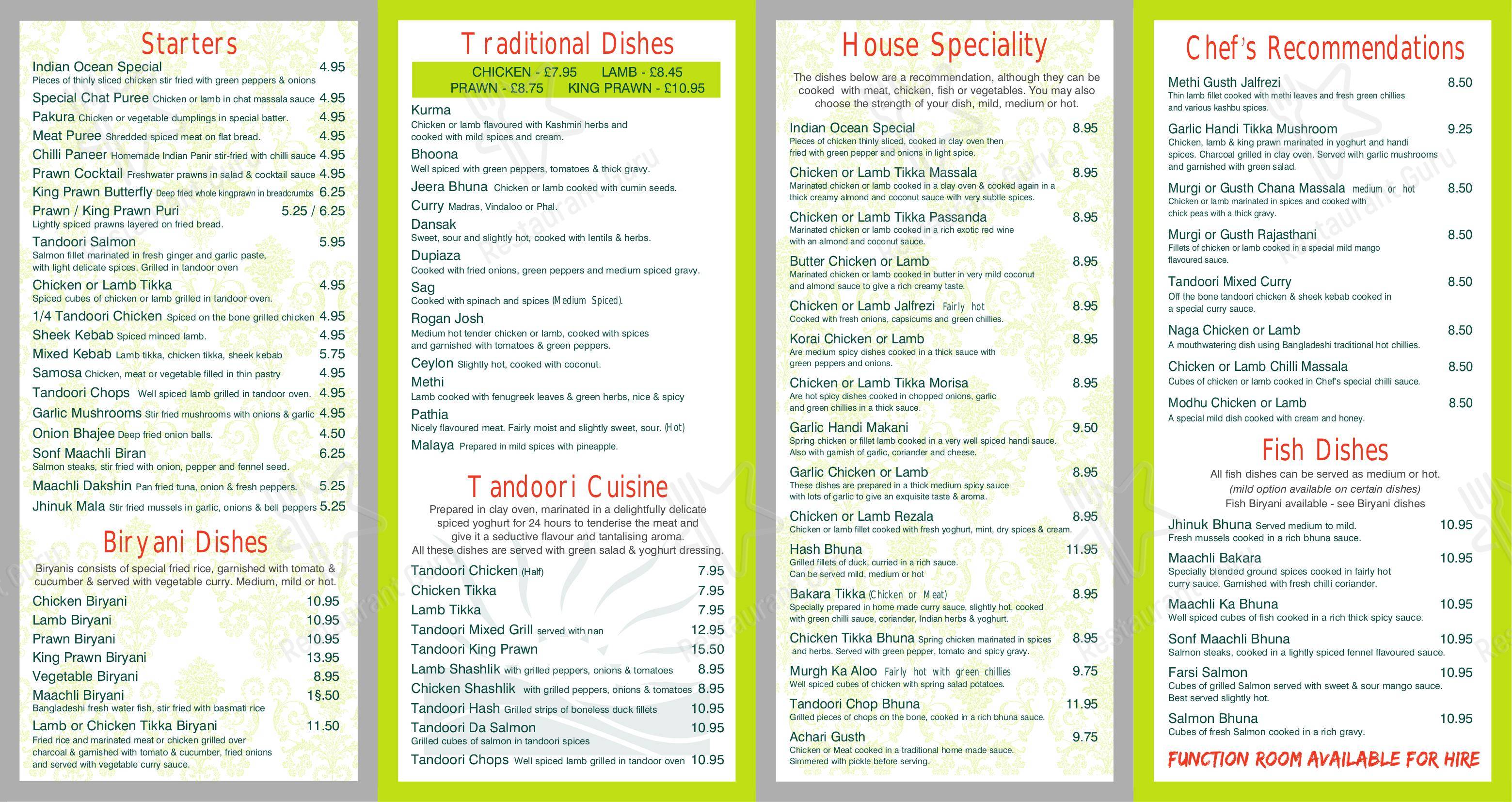 Menu at Indian Ocean restaurant, Luton, Sundon Park Rd