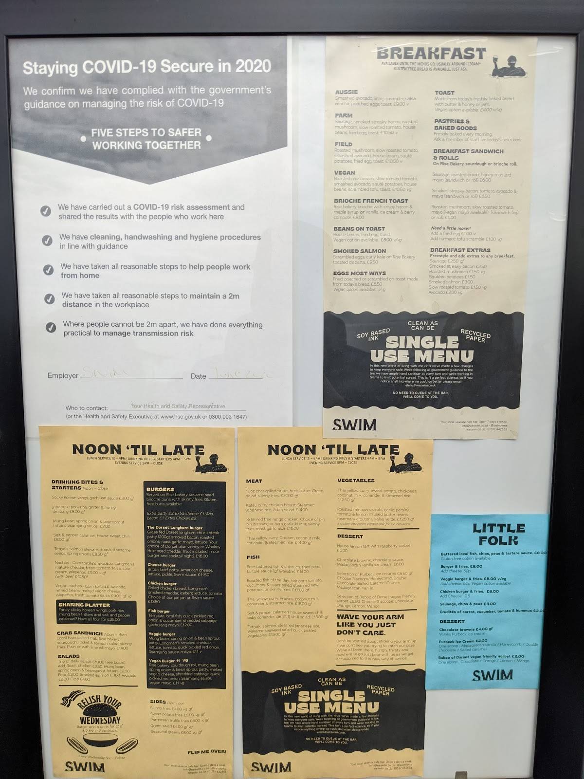 Menu at Swim restaurant, Lyme Regis