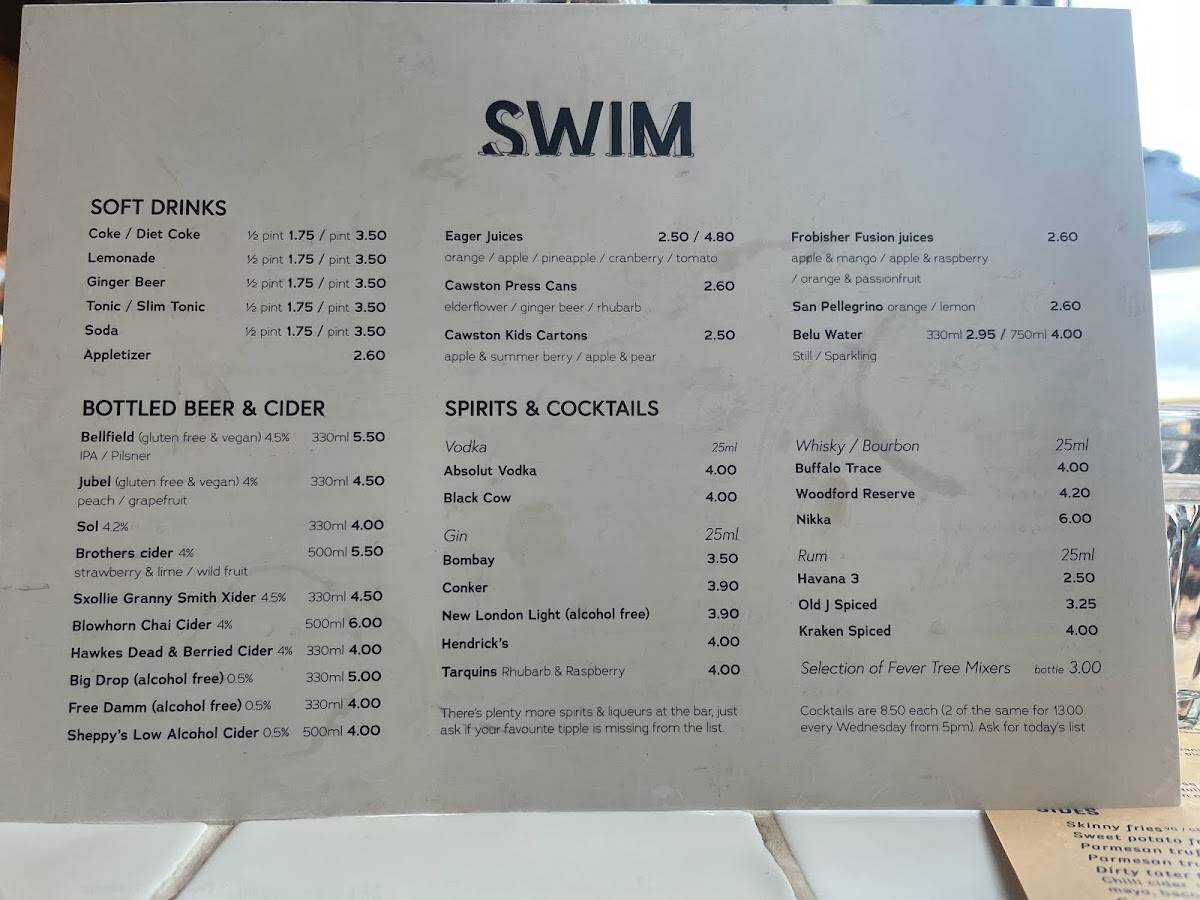Menu at Swim restaurant, Lyme Regis