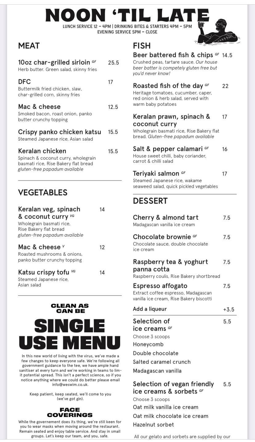 Menu at Swim restaurant, Lyme Regis
