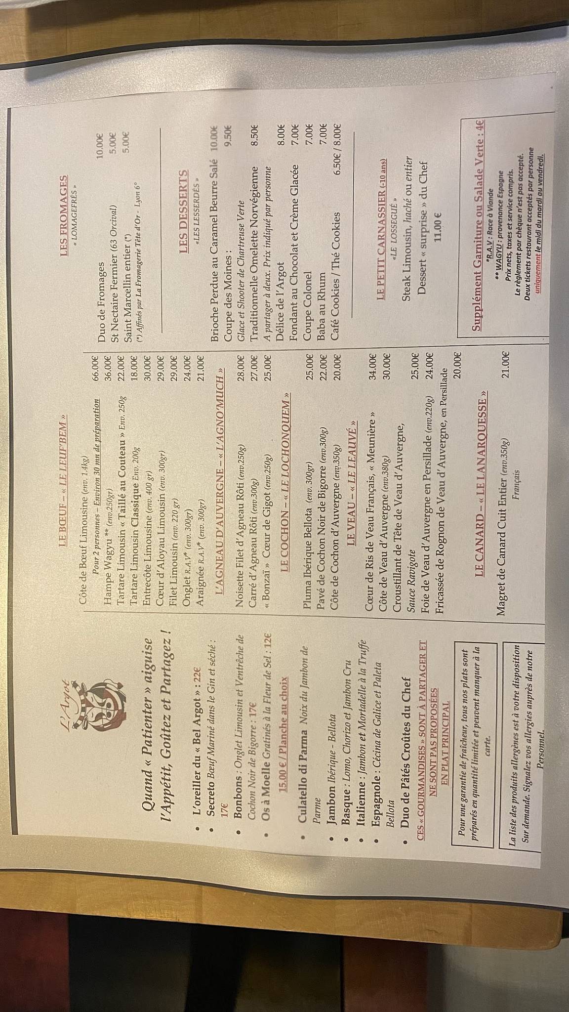 Menu au L'ARGOT Boucherie Restaurant, Lyon