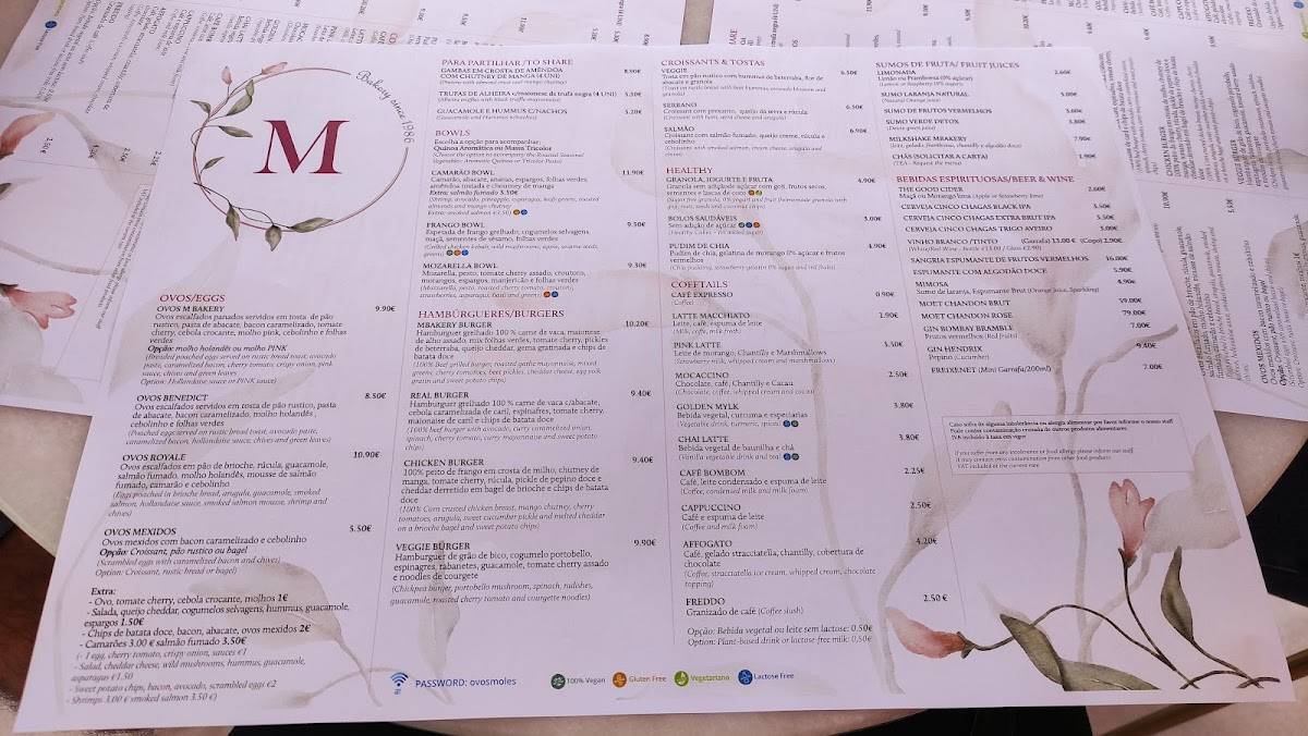 Menu em M Bakery Aveiro, Aveiro