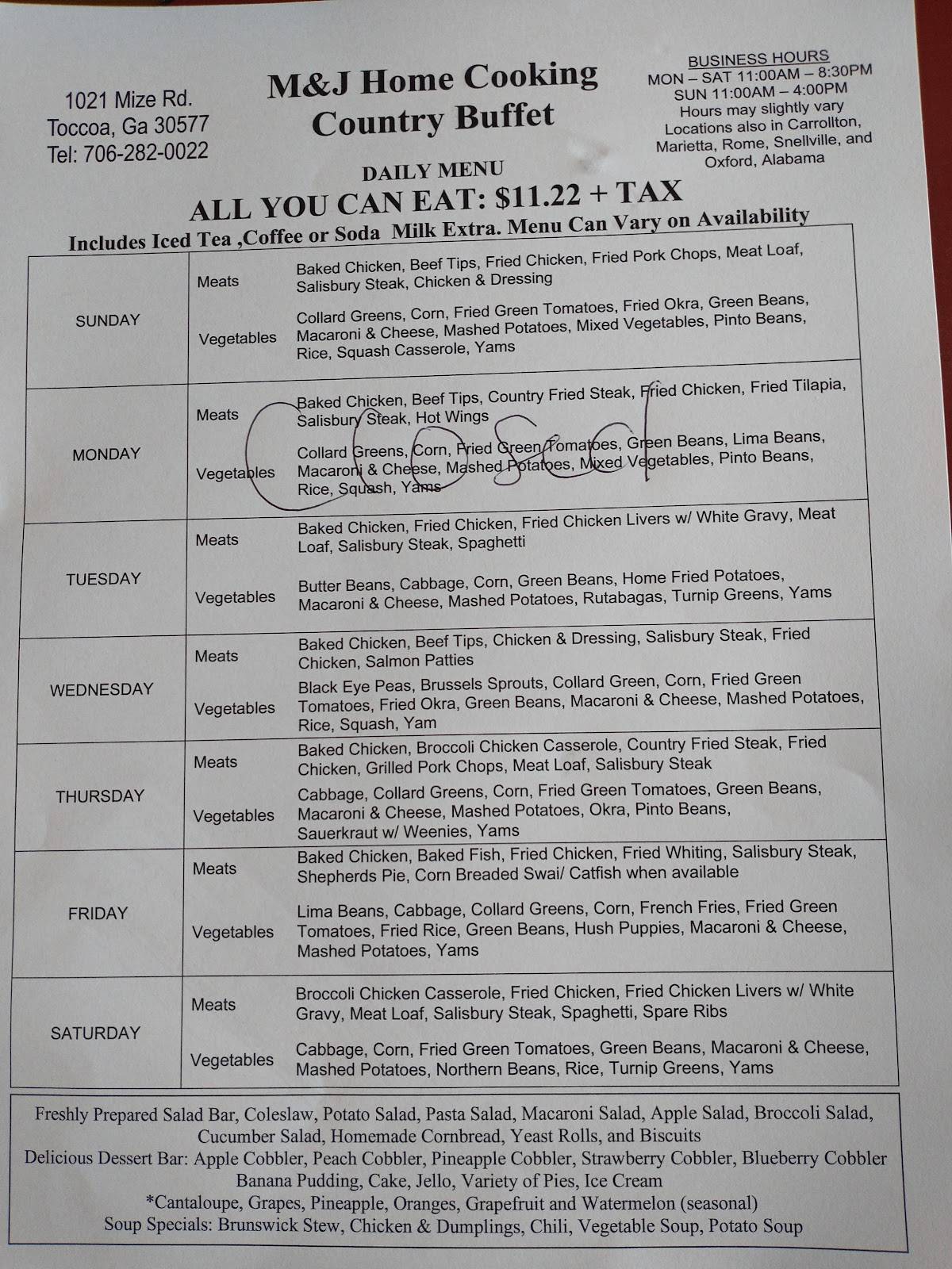 Menu at M & J Home Cooking Country Buffet restaurant, Toccoa