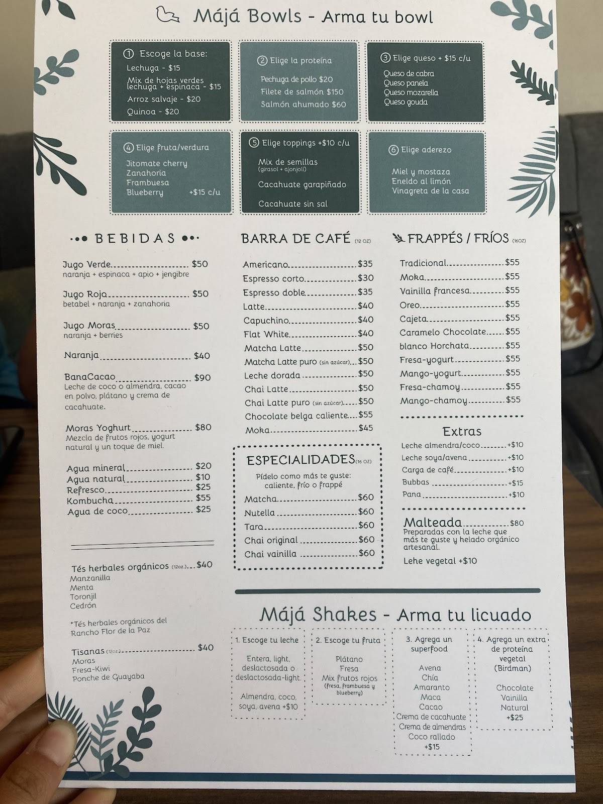 Carta de Májá Cafetería Artesanal, Valle de Bravo