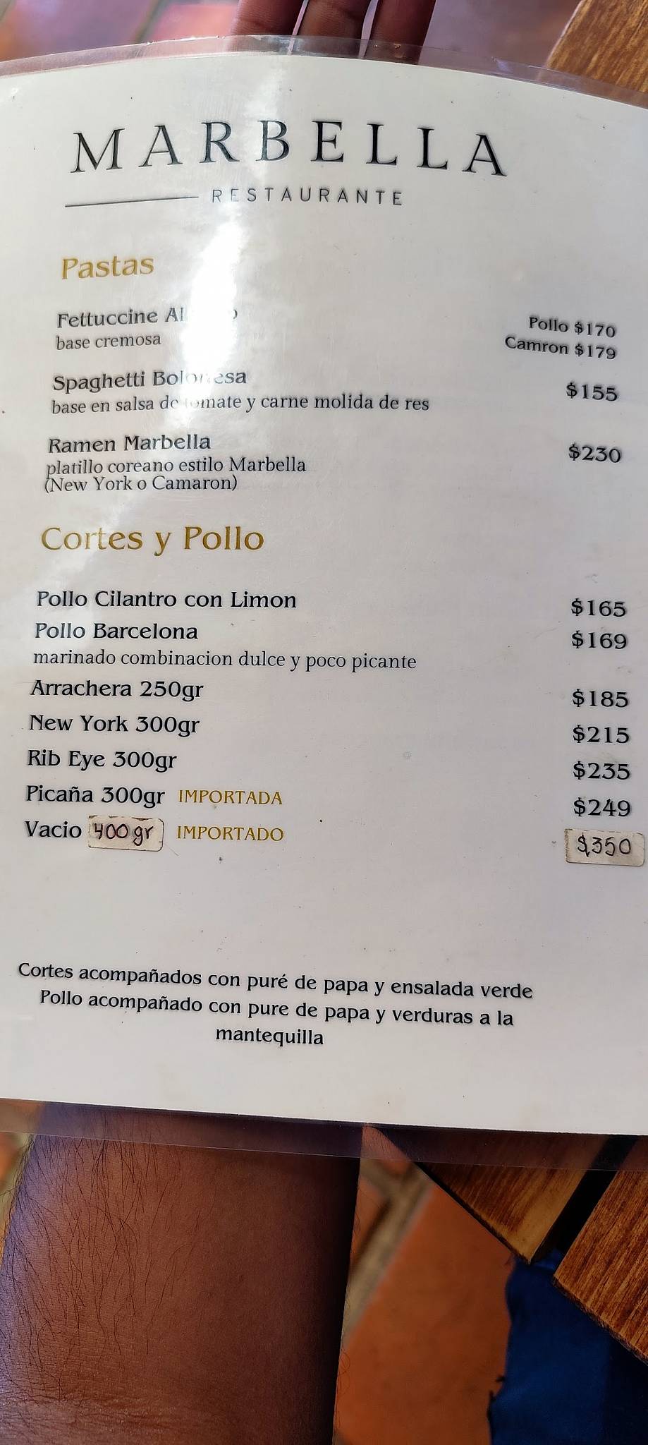 Carta de MARBELLA RESTAURANTE, La Manzanilla de La Paz