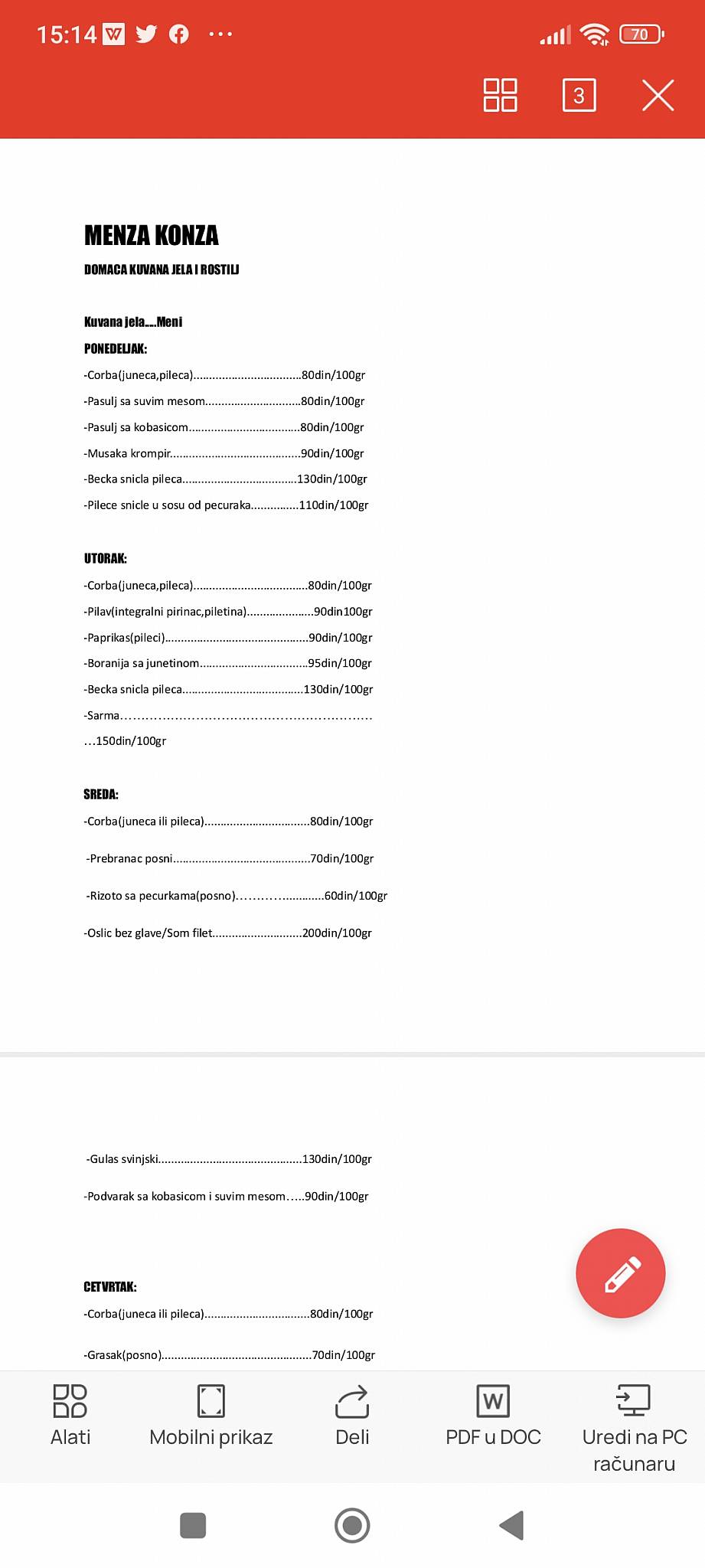 Speisekarte von MENZA KONZA restaurant, Belgrad