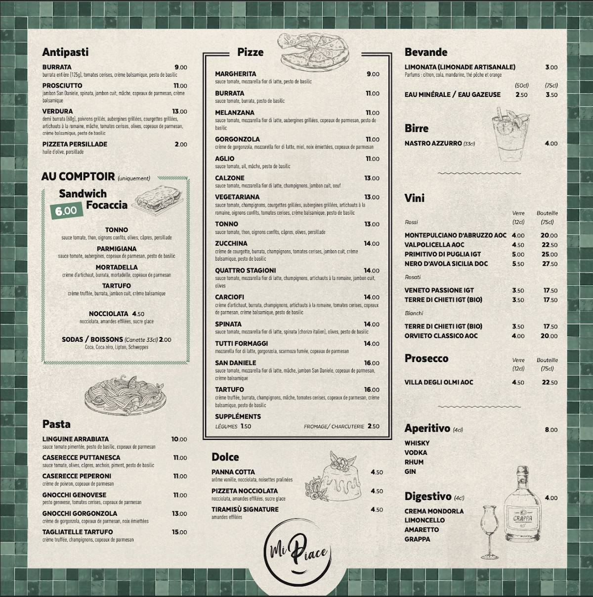 Menu au MI PIACE restaurant, Bagnolet