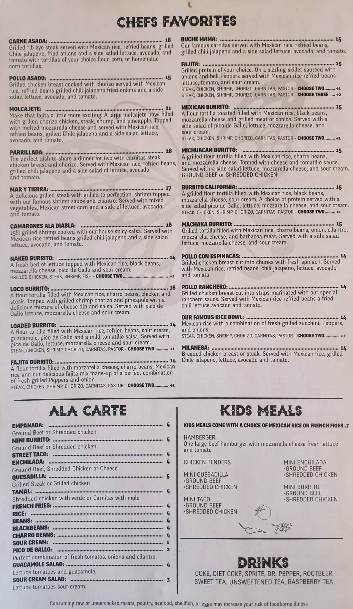Menu at MORELIANOS MERCER restaurant, Mercer
