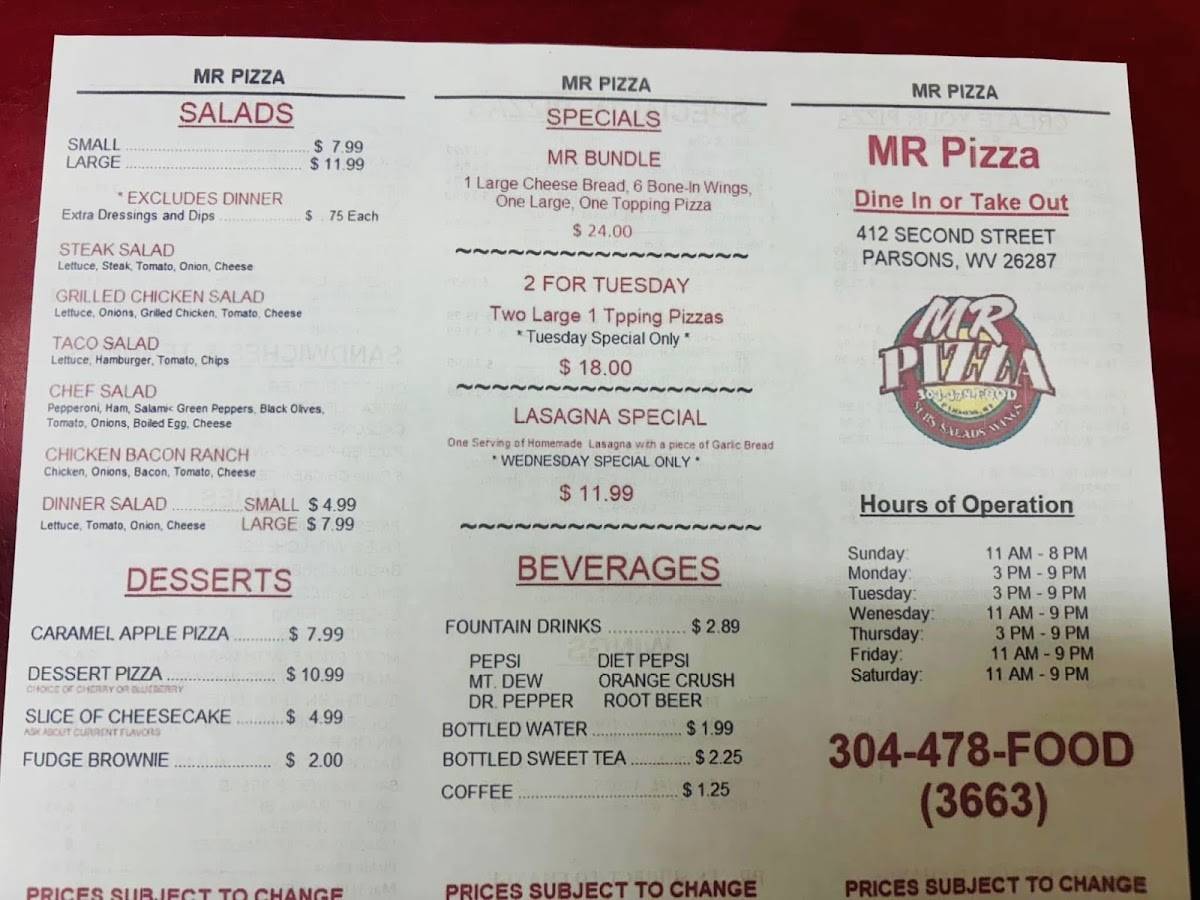 Menu at MR Pizza pizzeria, Parsons