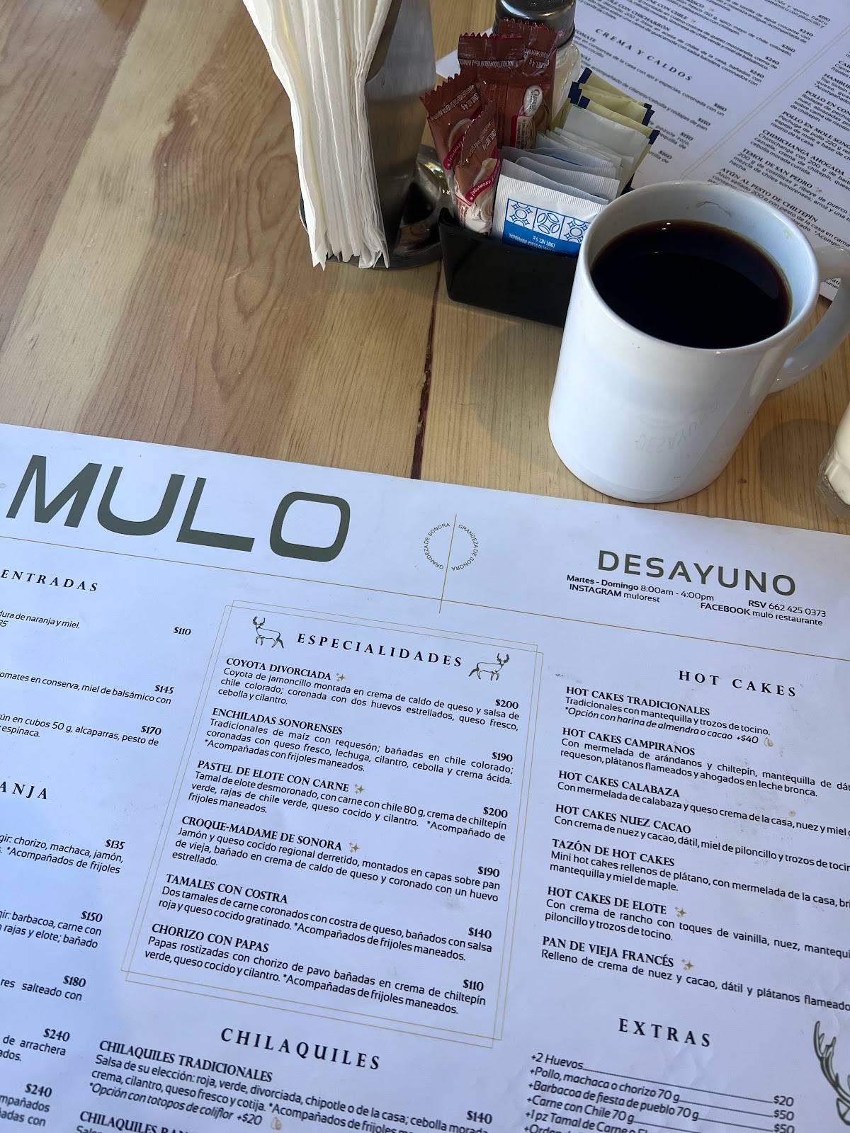 Menu at MULO restaurant, Hermosillo