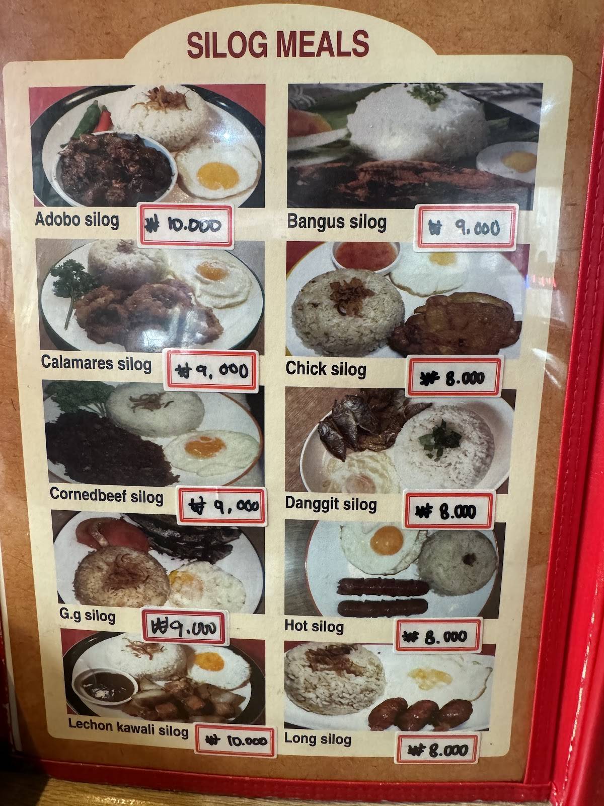 Carta del restaurante Mabuhay, Busan