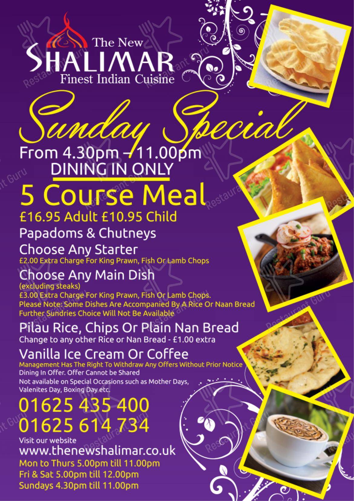 Menu at The Shalimar Restaurant, Macclesfield