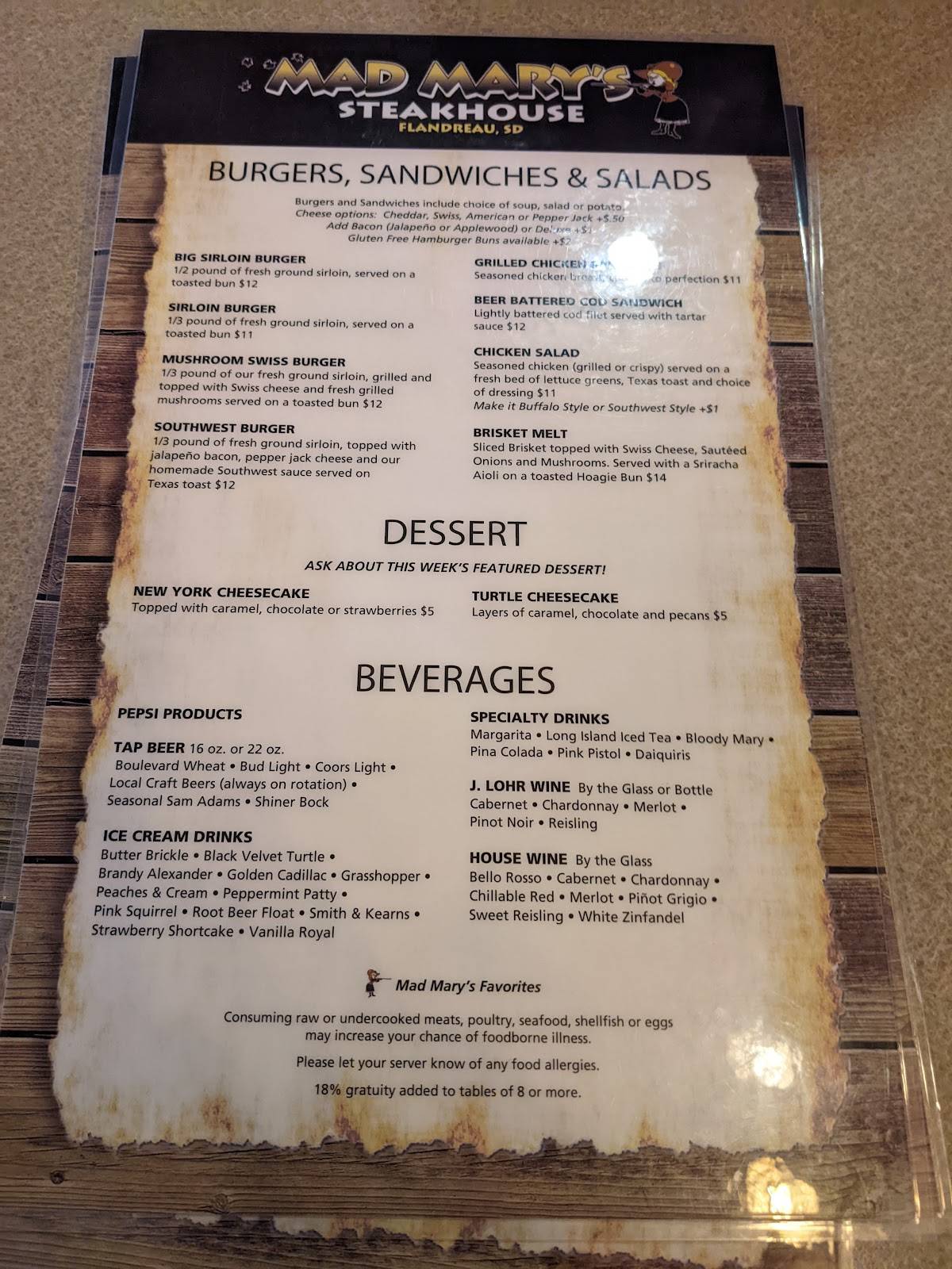 Menu at Mad Mary's Steak House steakhouse, Flandreau