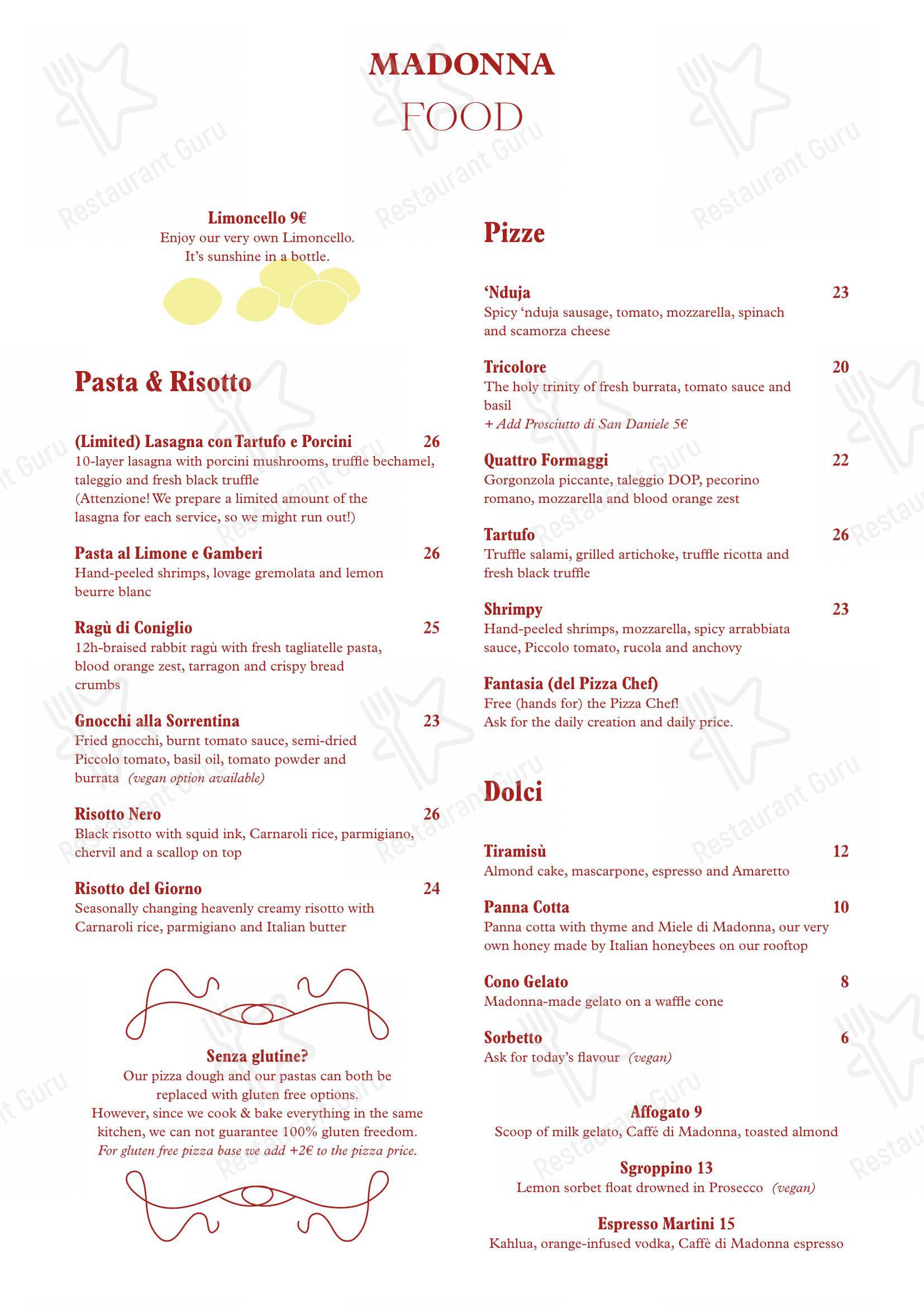 Menu at Madonna restaurant, Helsinki