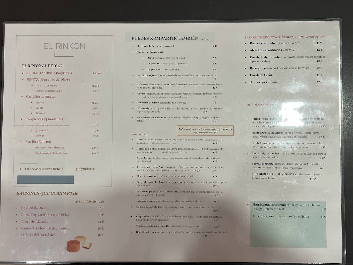 Menu at El Rinkon restaurant, Madrid