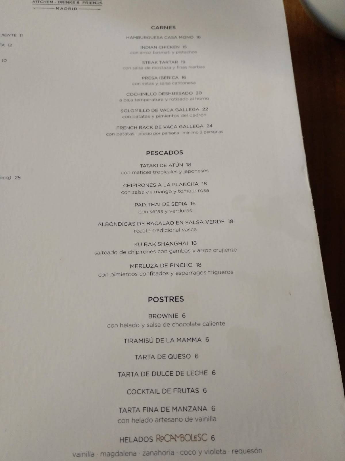 Carta de Restaurante Casa Mono, Madrid