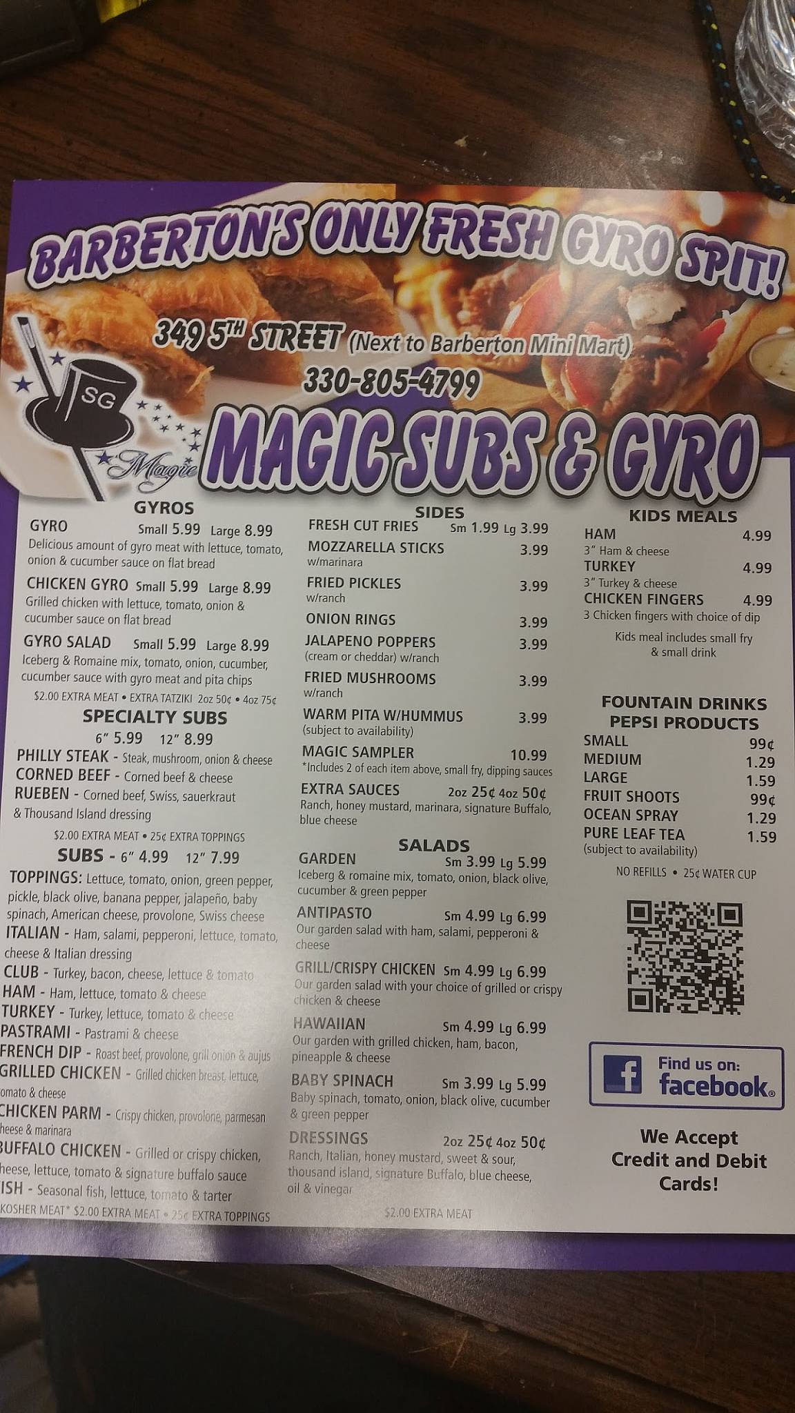 Menu at Magic subs and gyros fast food, Barberton
