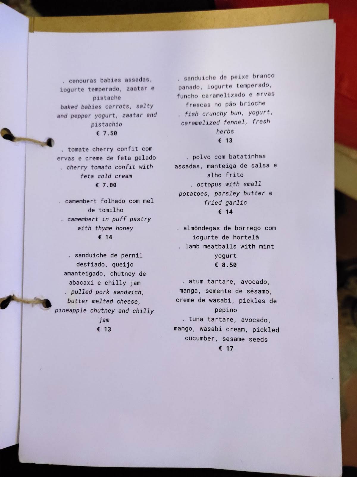 Menu at Magnolia Bistrot & Winebar, Lisbon