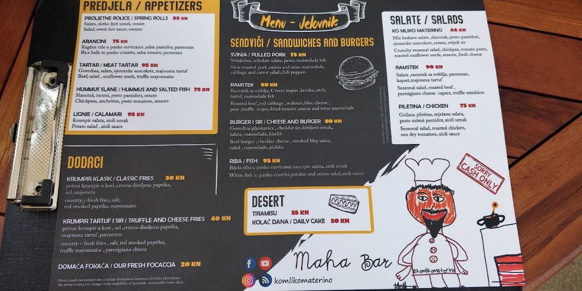 Menu at Maha Bar, Korčula