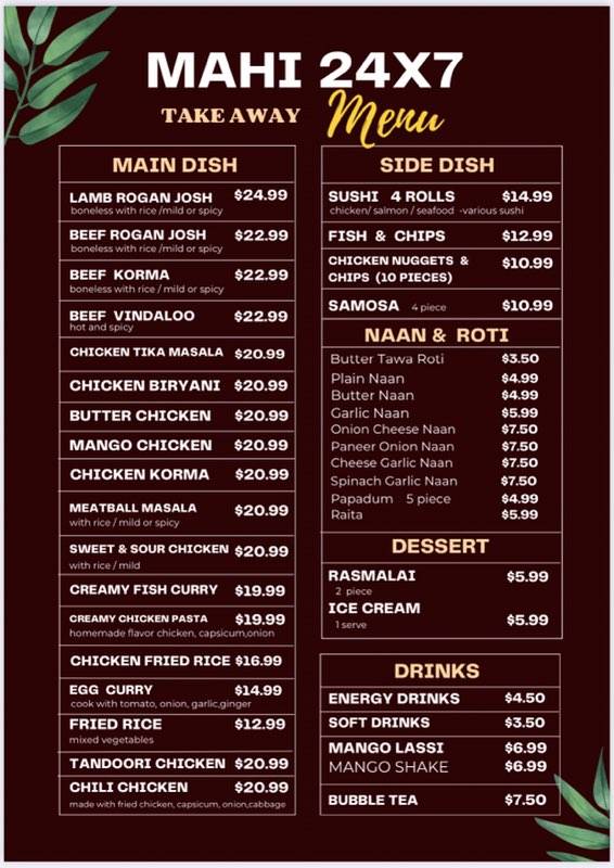 Menu at Mahi Kitchen Gatton restaurant, Gatton