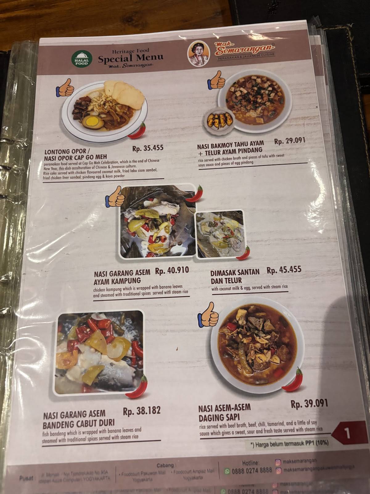 Menu at Mak Semarangan Monjali - Peranakan & Javanese Cuisine - Halal ...