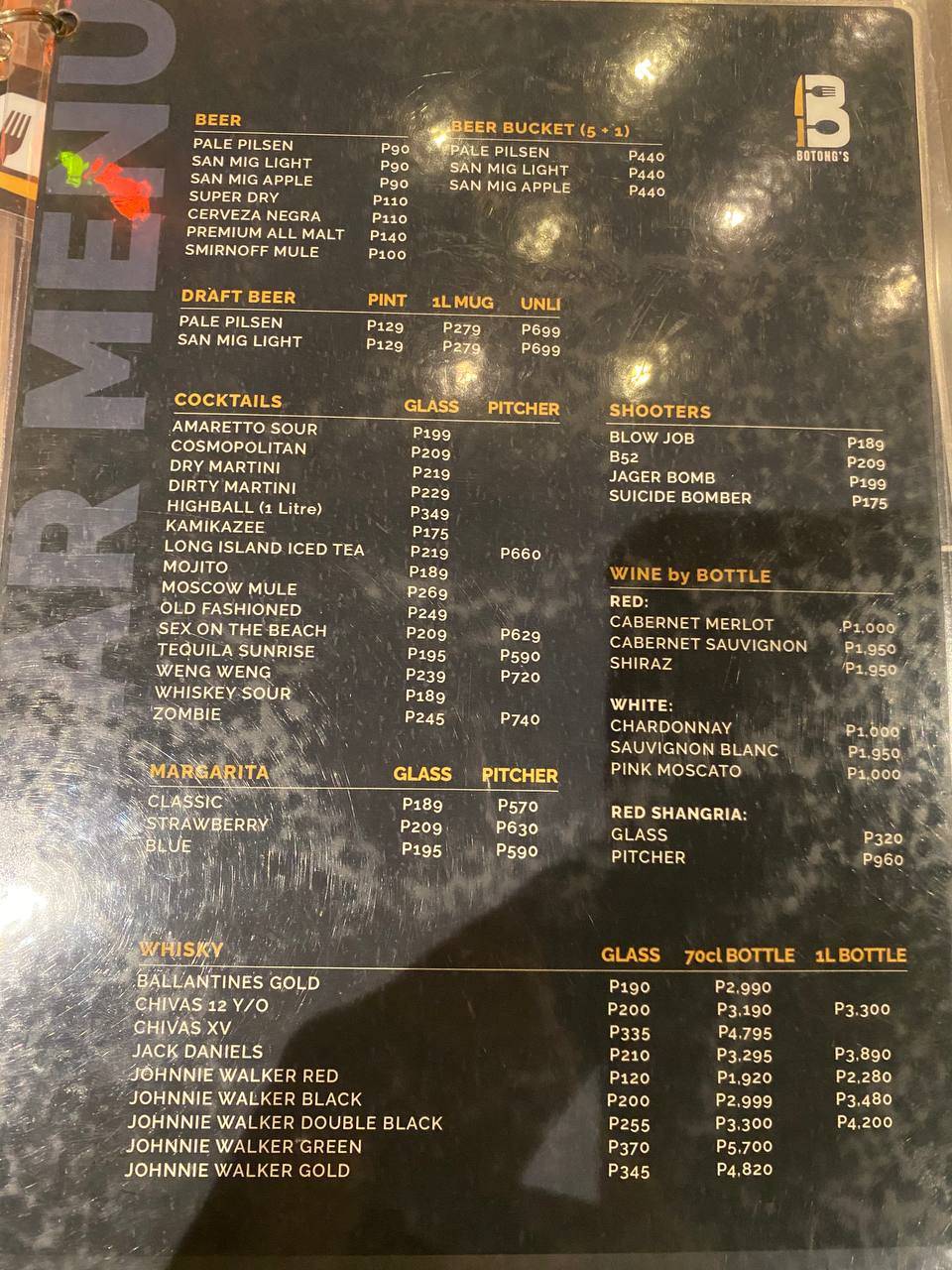 Menu at Botong's pub & bar, Makati