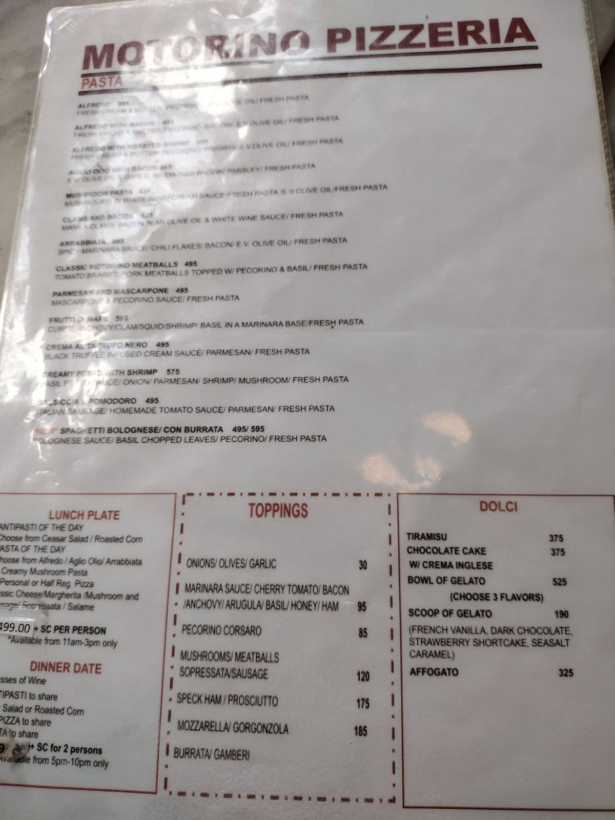 Menu at Motorino Pizza - Greenbelt pizzeria, Makati
