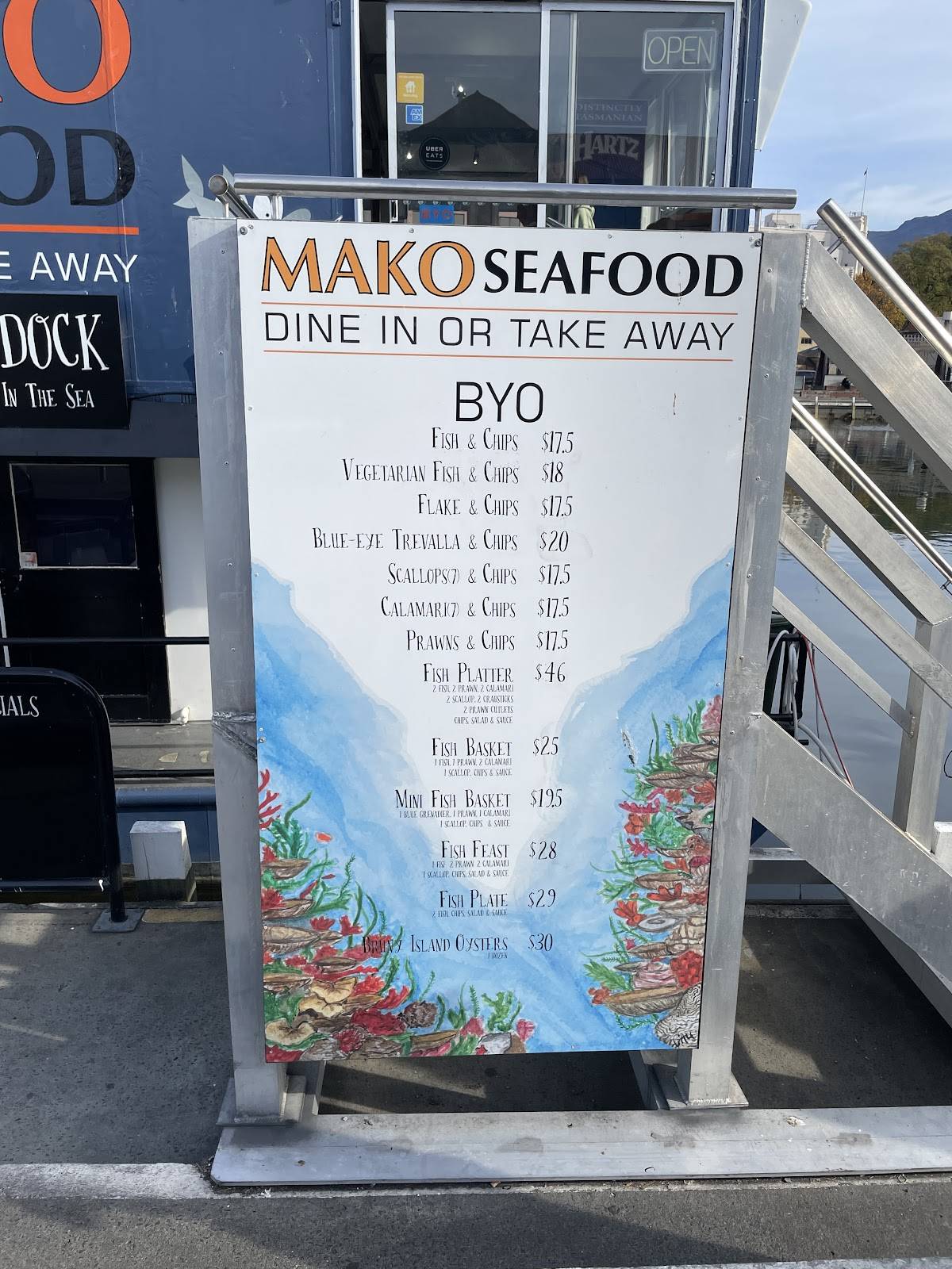 Menu at Mako Seafood restaurant, Hobart, Constitution Dock