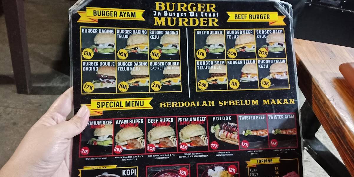 Carta del restaurante Burger Murder, Malang, Jl. Sulawesi No.21