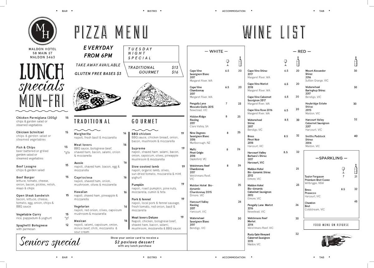 Menu at Maldon Hotel restaurant, Maldon