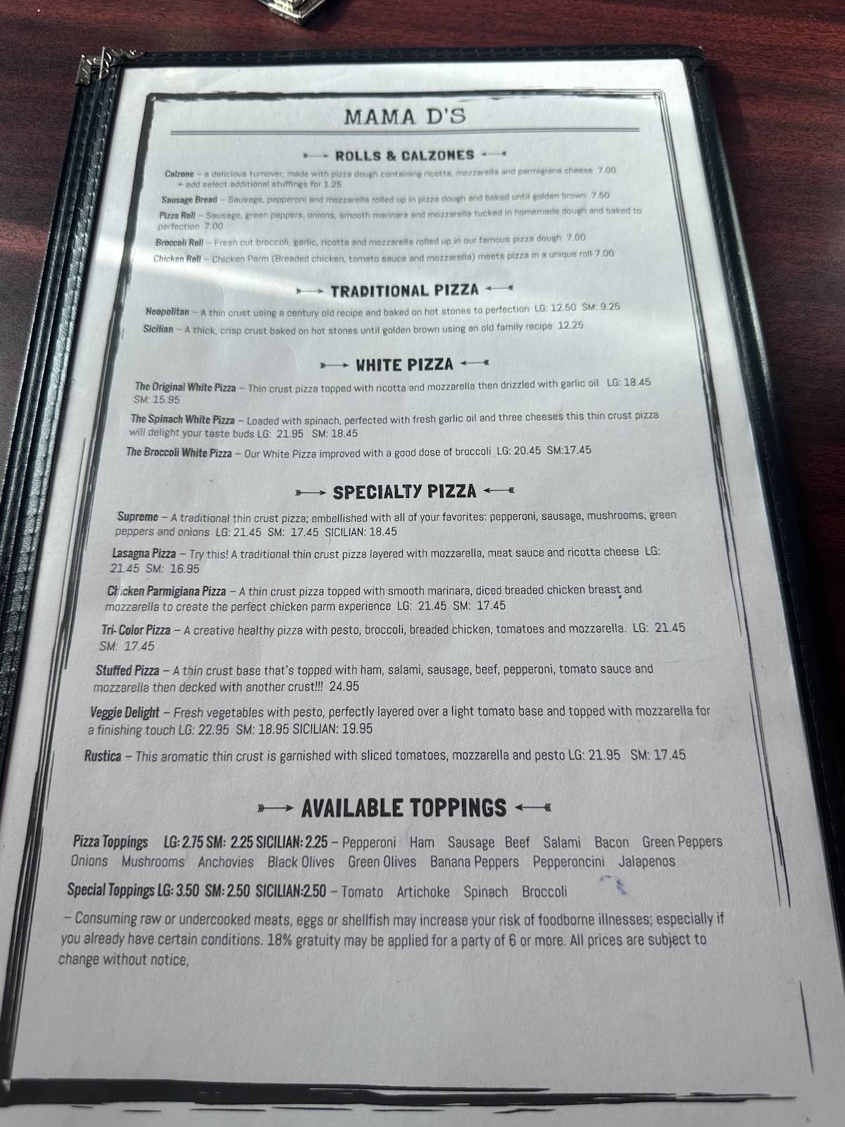 Menu at Mama D’s pizzeria, Calvert City