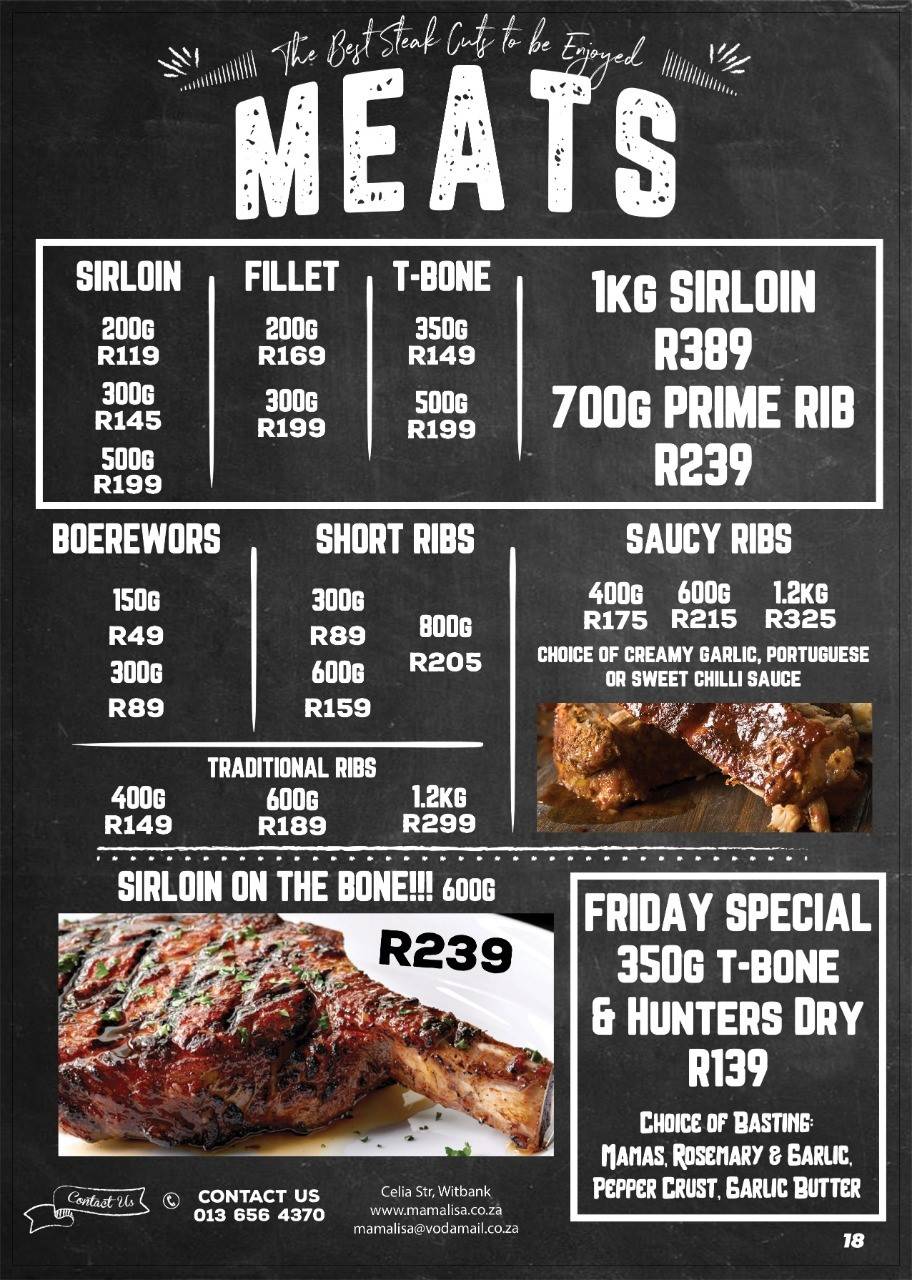 Menu at Mama Lisa restaurant, Emalahleni