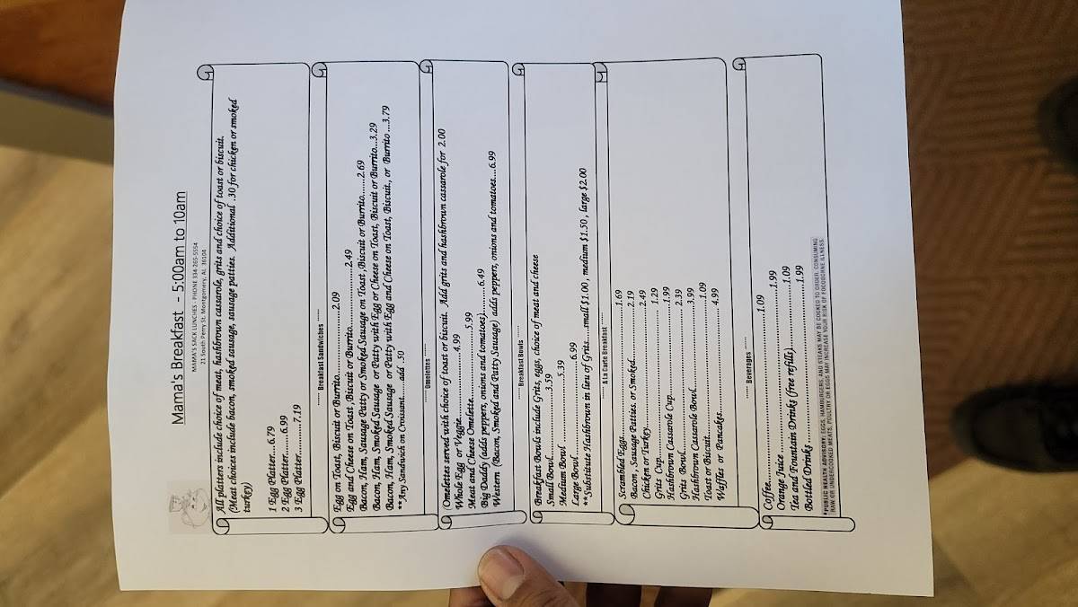 Menu at Mama's Sack Lunches restaurant, Montgomery