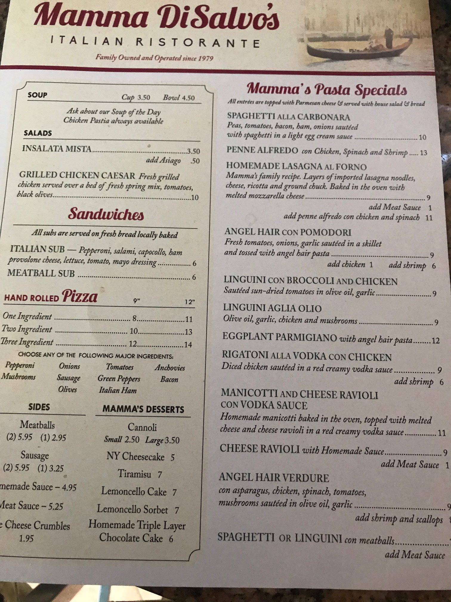 Menu at Mamma DiSalvo's restaurant, Kettering