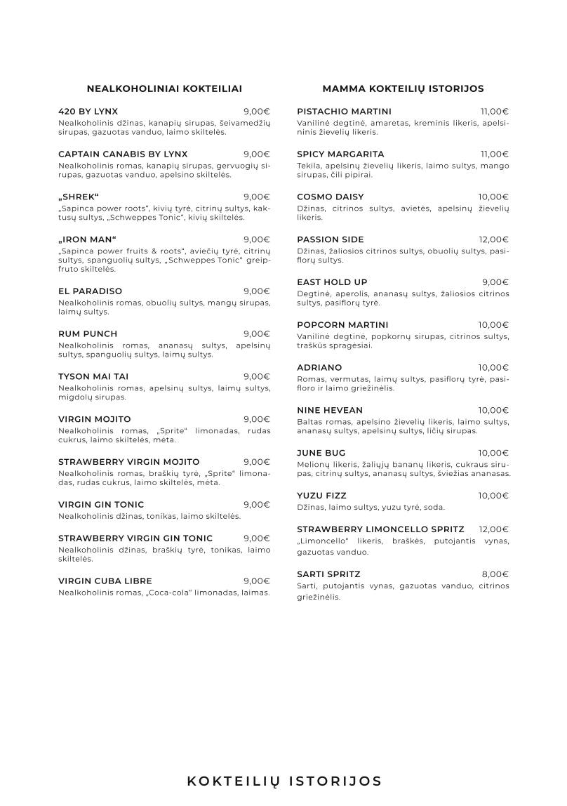 Menu at Mamma Kitchen Stories restaurant, Kaunas