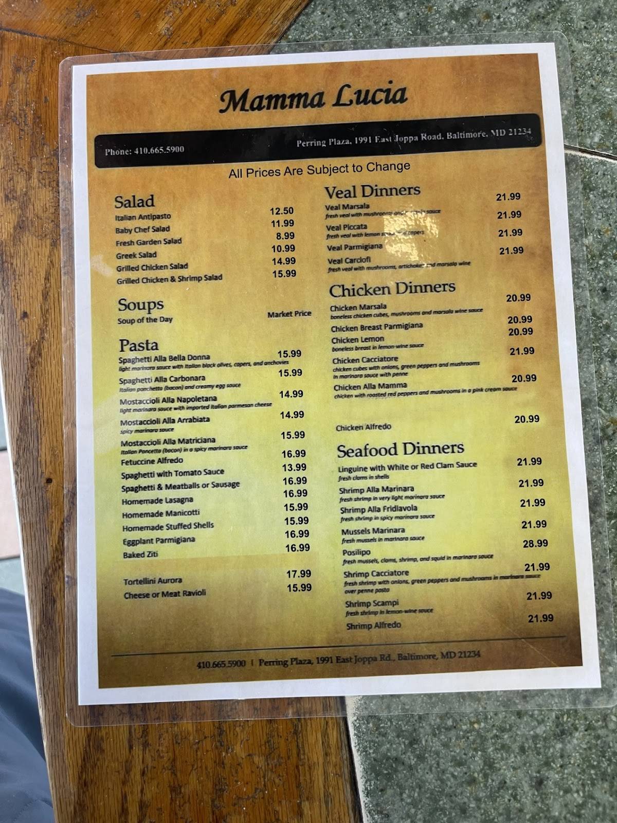 Menu at Mamma Lucia restaurant, Parkville, E Joppa Rd