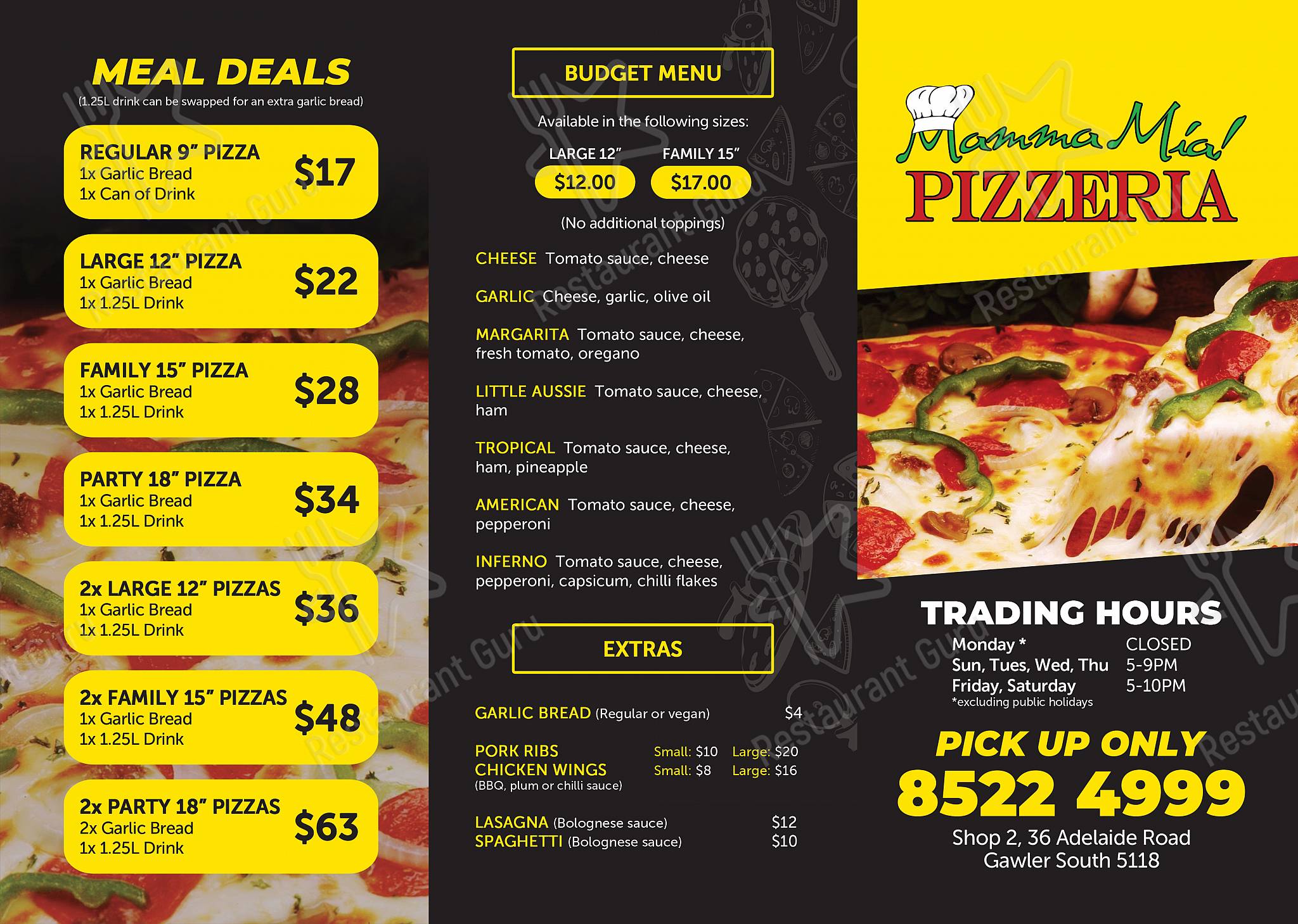 Menu at Mamma Mia Pizzeria, Gawler South