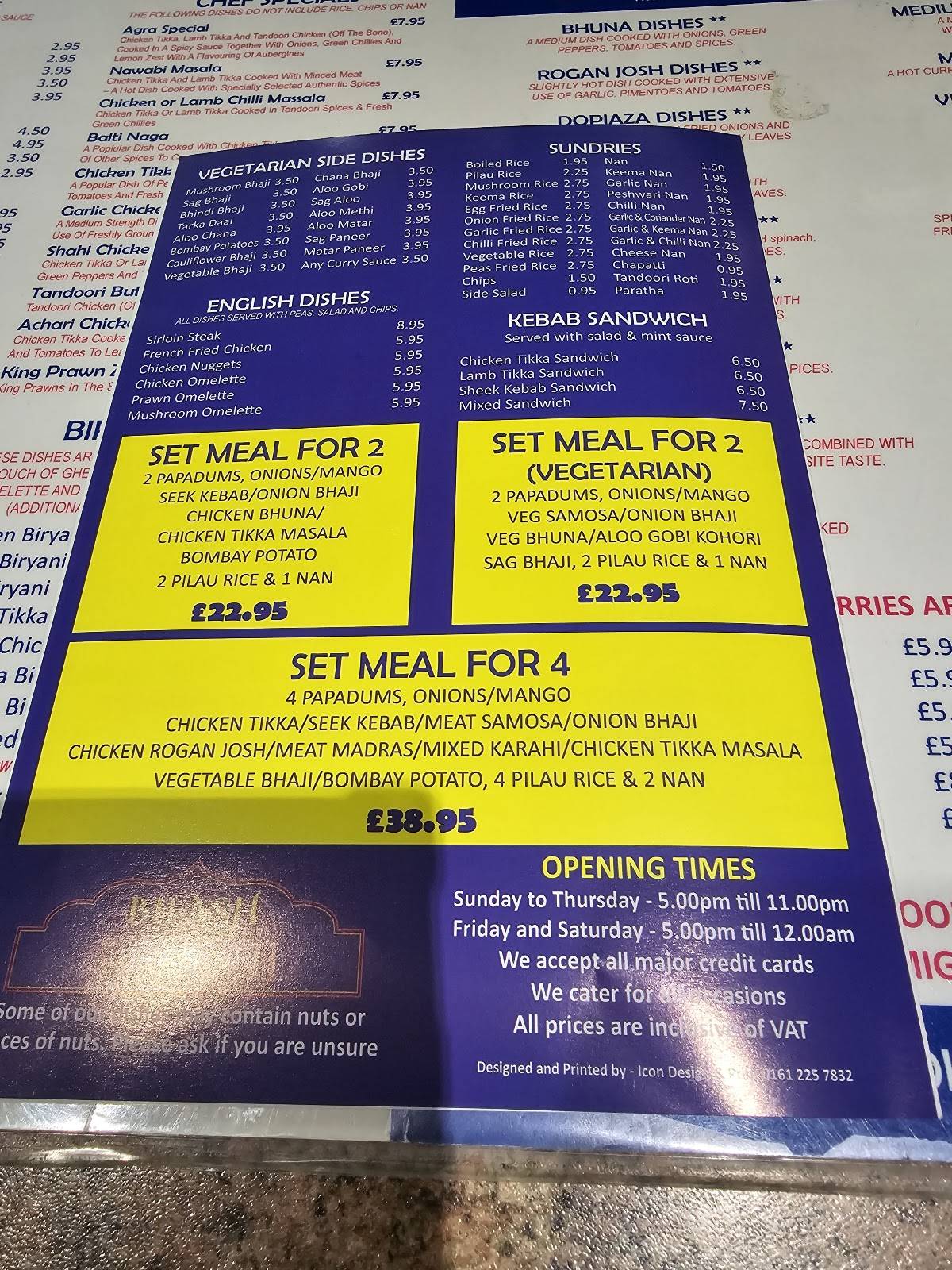 Menu at Bilash Balti House restaurant, Swinton