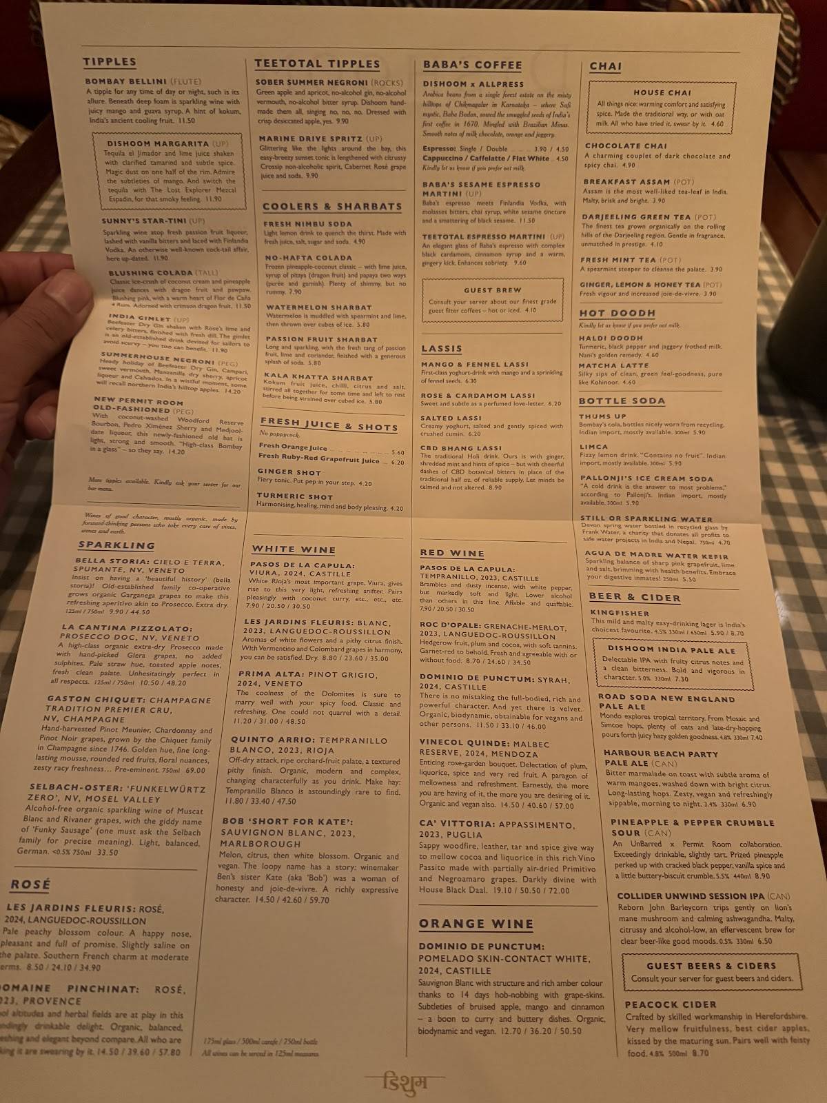 Menu at Dishoom Manchester restaurant, Manchester