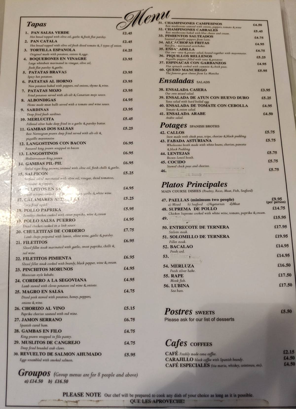 Menu at El Rincon de Rafa restaurant, Manchester