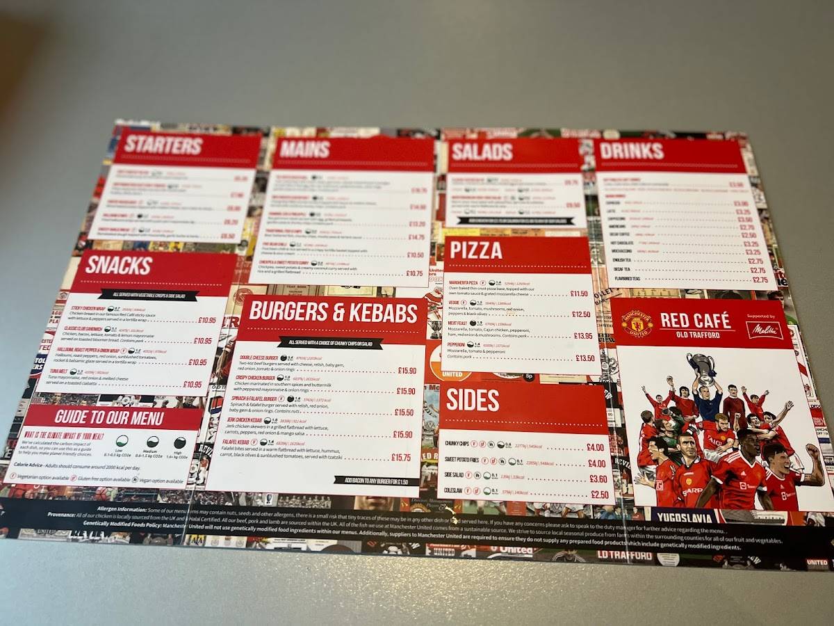 Menu at Red Café at Old Trafford cafe, Manchester, Stadium