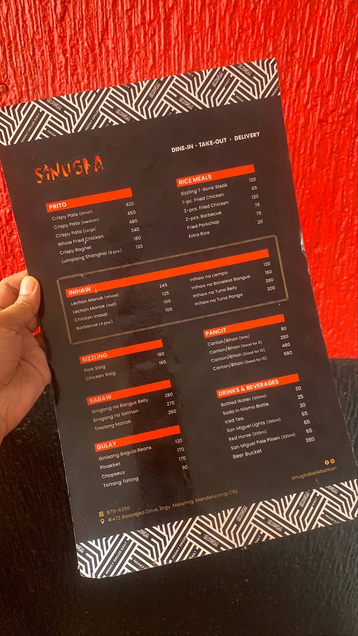 Menu at Sinugba restaurant, Mandaluyong, 472 Barangka Dr.