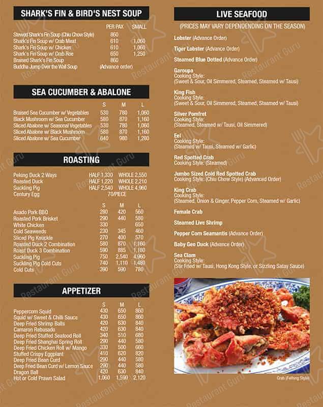 Menu at Mandarin Sky Banawe restaurant, Quezon City